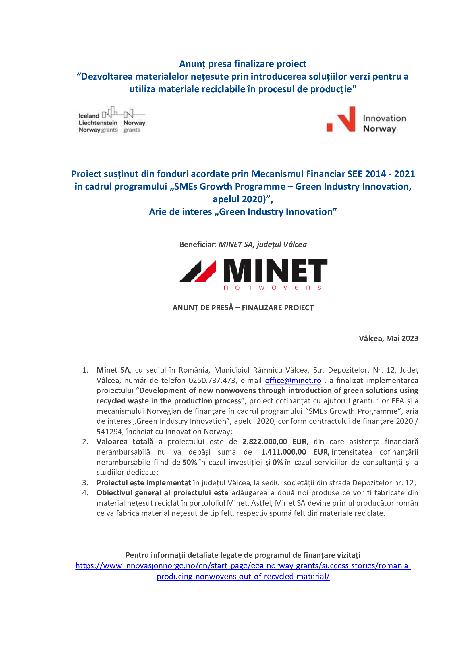 Minet SA- Anunț presă finalizare proiect „Dezvoltarea materialelor ...