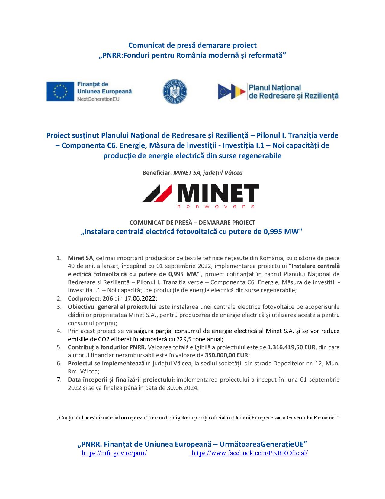 MINET SA – Comunicat de presă – Demarare proiect „Instalare centrală ...